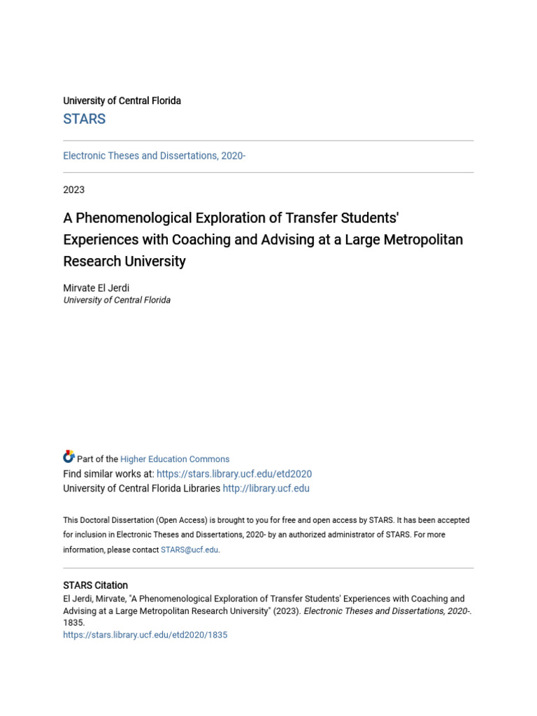 A Phenomenological Exploration of Transfer Students Experiences | PDF | Associate Degree | Thesis