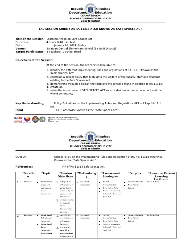 Lac Session Guide For Ra 11313 Also Known As Safe Spaces Act | PDF | Harassment