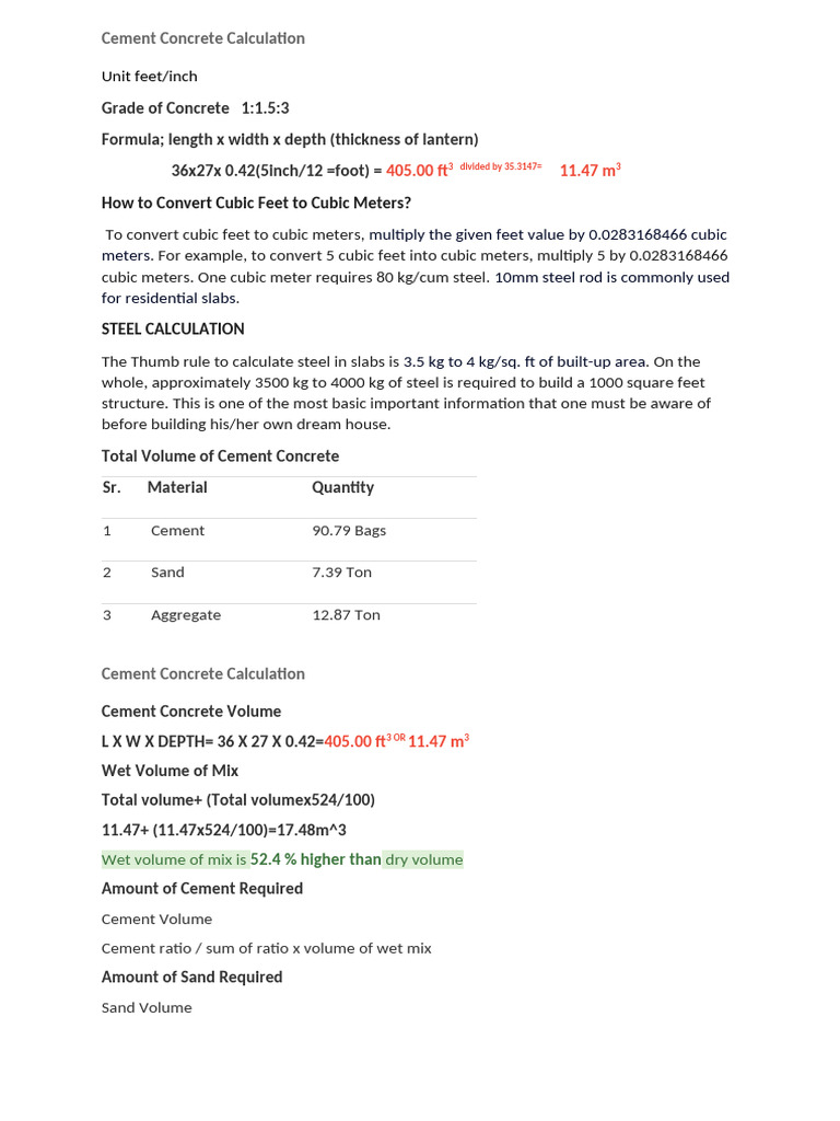 Cement Concrete Calculation For Construcyion | PDF | Concrete ...