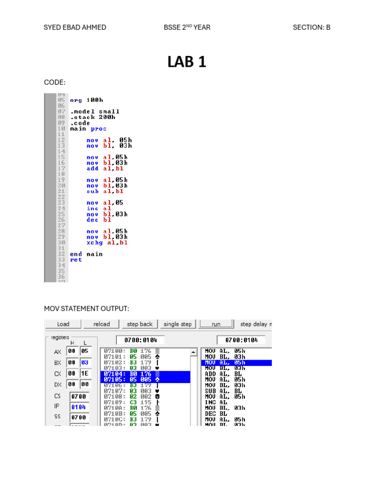 Assembly Language Lab Outputs | PDF