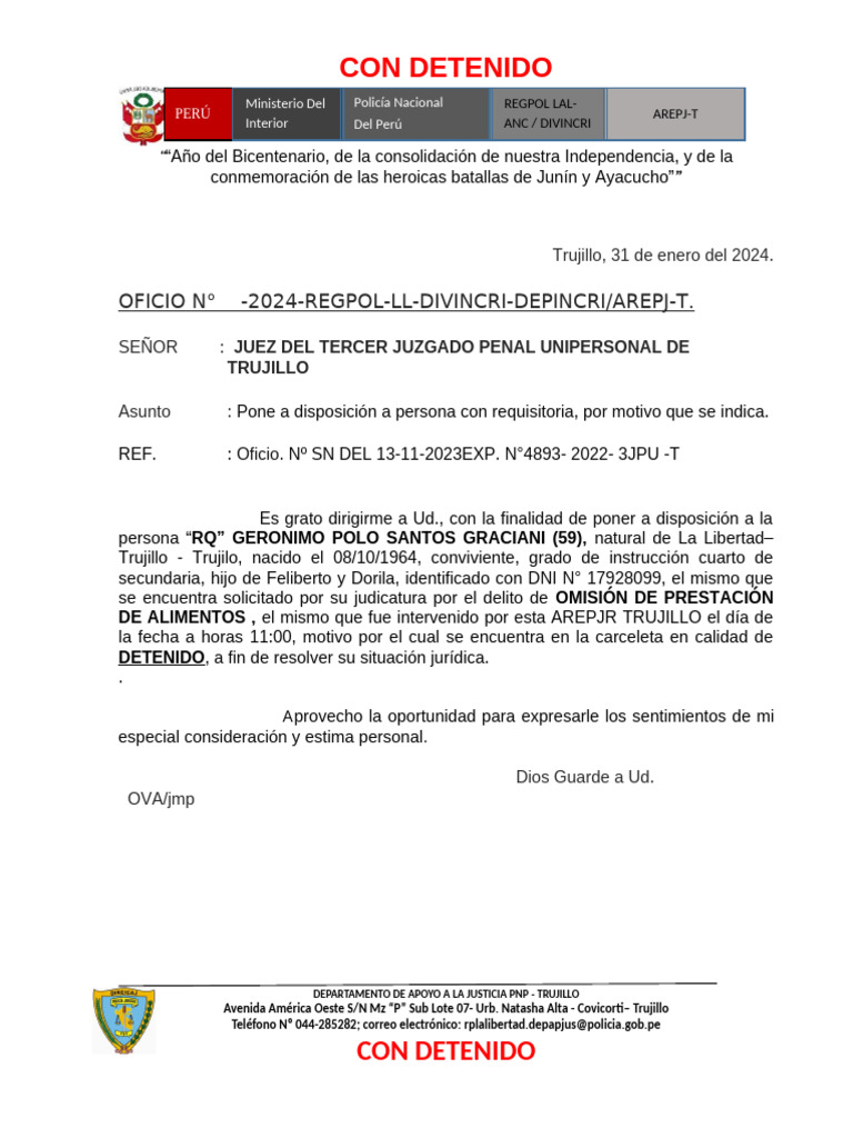 Oficio Pone A Disposicion A RQ | PDF | Gobierno | Derecho penal