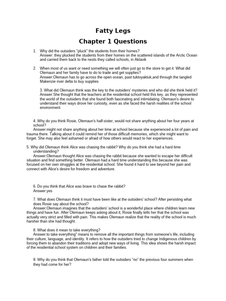 Fatty Legs Chapter 1 Questions | PDF | Language Arts & Discipline ...