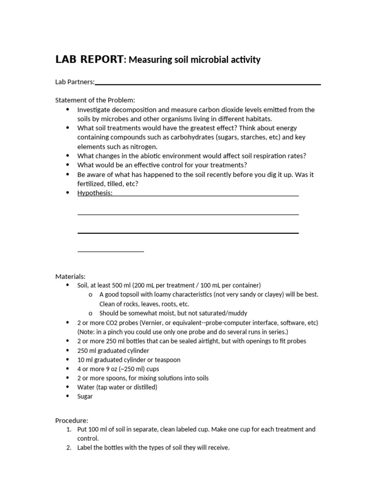 LAB REPORT Microbial Activity in Soil Answer Key | PDF | Soil | Carbon ...