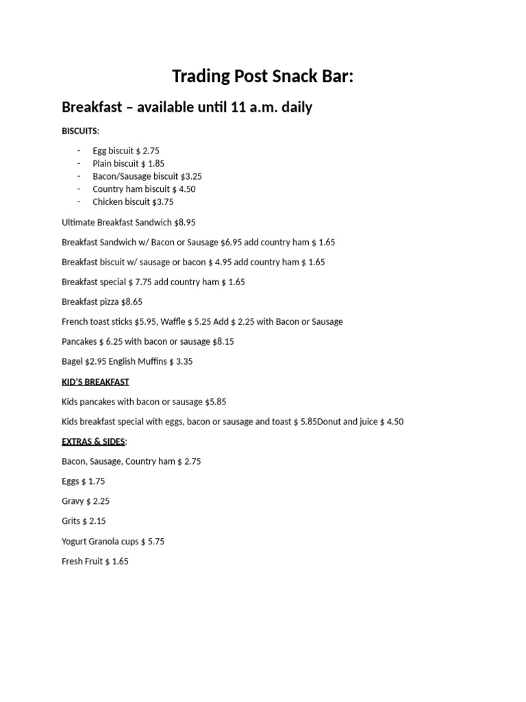 Trading Post Snack Bar Menu Overview | PDF | Pizza | Bacon