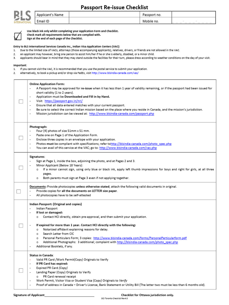 BLS CAN08Ottawa PassportRe Issue Checklist | PDF | Travel Visa | Passport