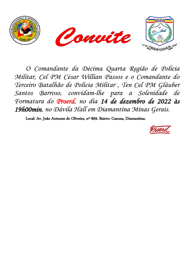 Convite Formatura PROERD 2022 Autoridades 34343 | PDF