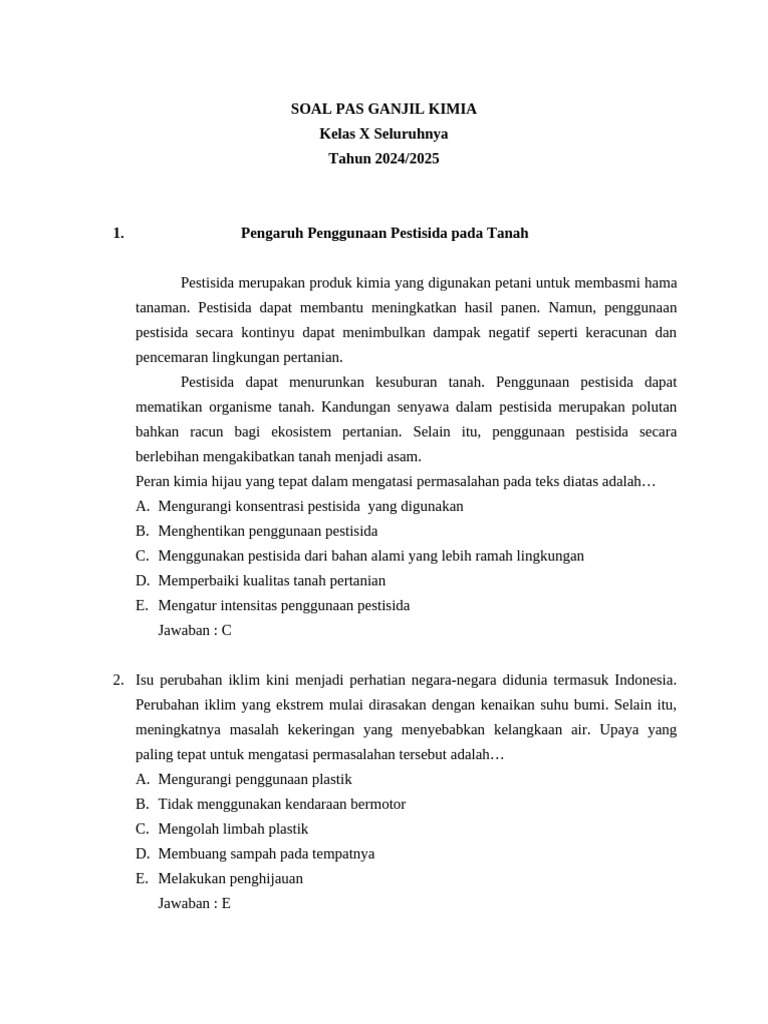 Soal Pas Ganjil Kimia 2024 | PDF