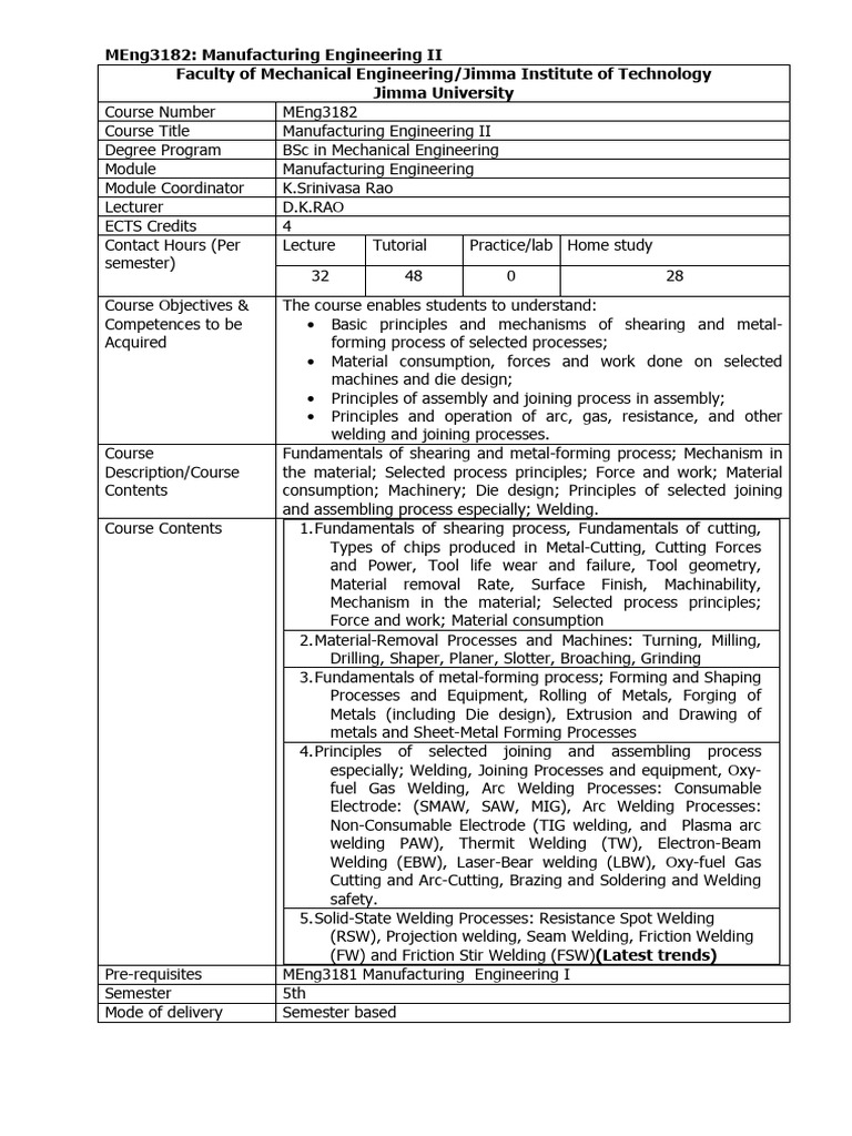 MEng3182 ME II CourseOutline | PDF | Welding | Construction