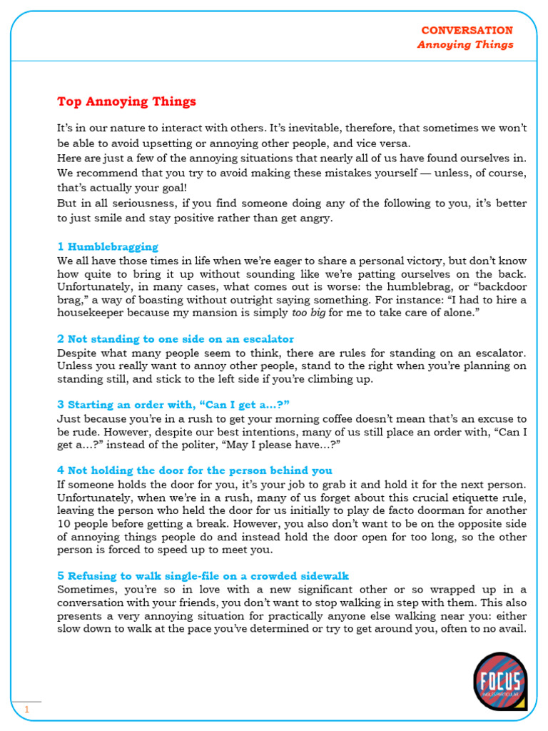 Conversation Class Annoying Things | PDF