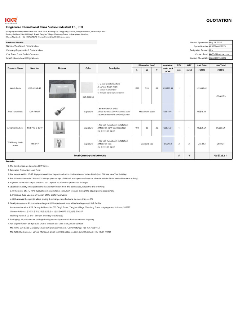 KKR Quotation - Marble Texture Solid Surface Vanity | PDF