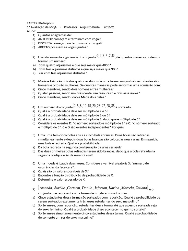 Ap1 Mqa 2016 2 | PDF | Probabilidade | Variável aleatória