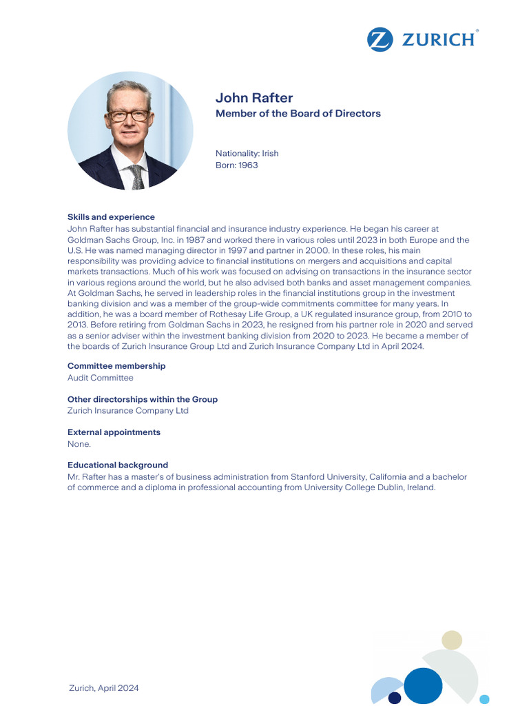 John Rafter: Zurich Board Member Profile | PDF | Business | Finance ...