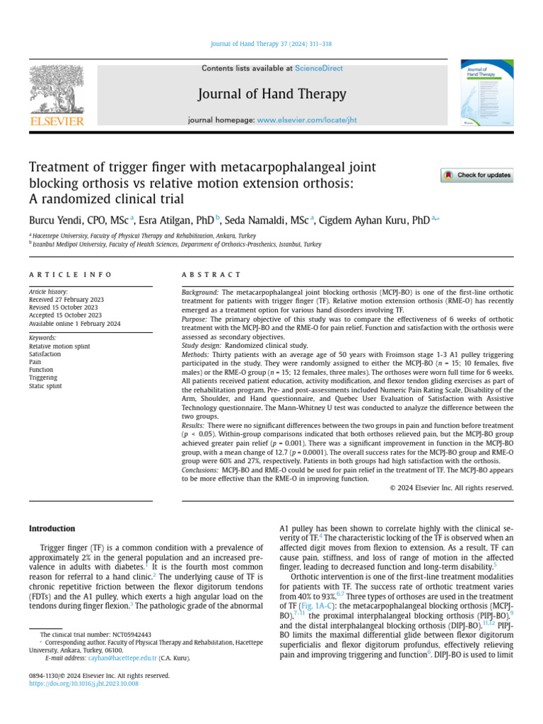 Treatment Of Trigger Finger With Metacarpophalangeal Joint Blocking Orthosis Vs Relative Motion 