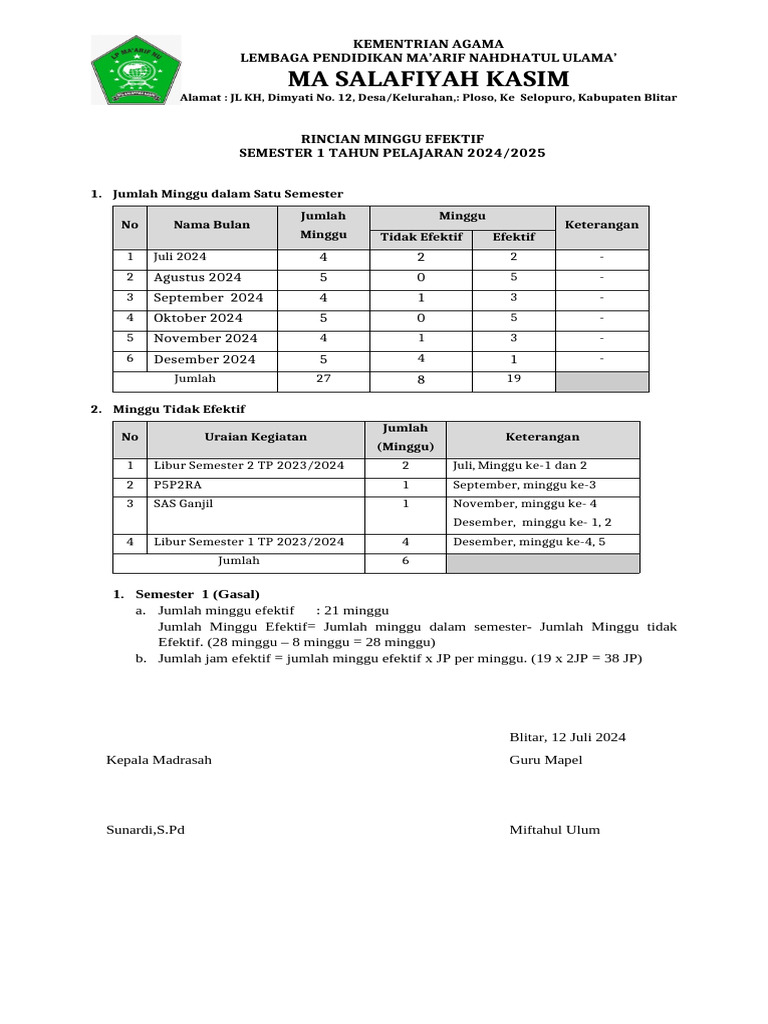 Rincian Pekan Efektif 2024-2025 | PDF