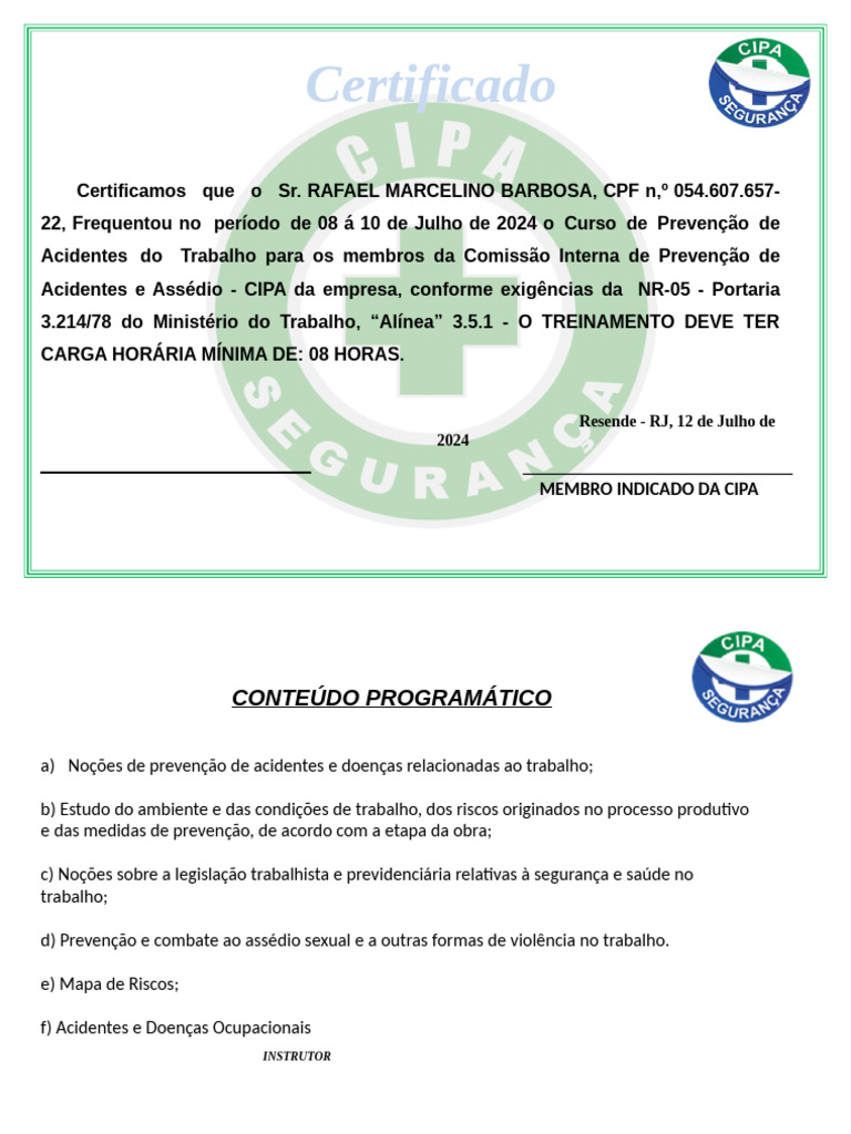 Certificado Da CIPA | PDF