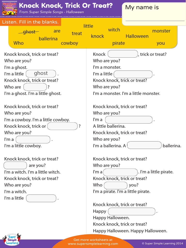 Knock Knock Trick or Treat Worksheet Fill in The Blanks | PDF | Trick ...