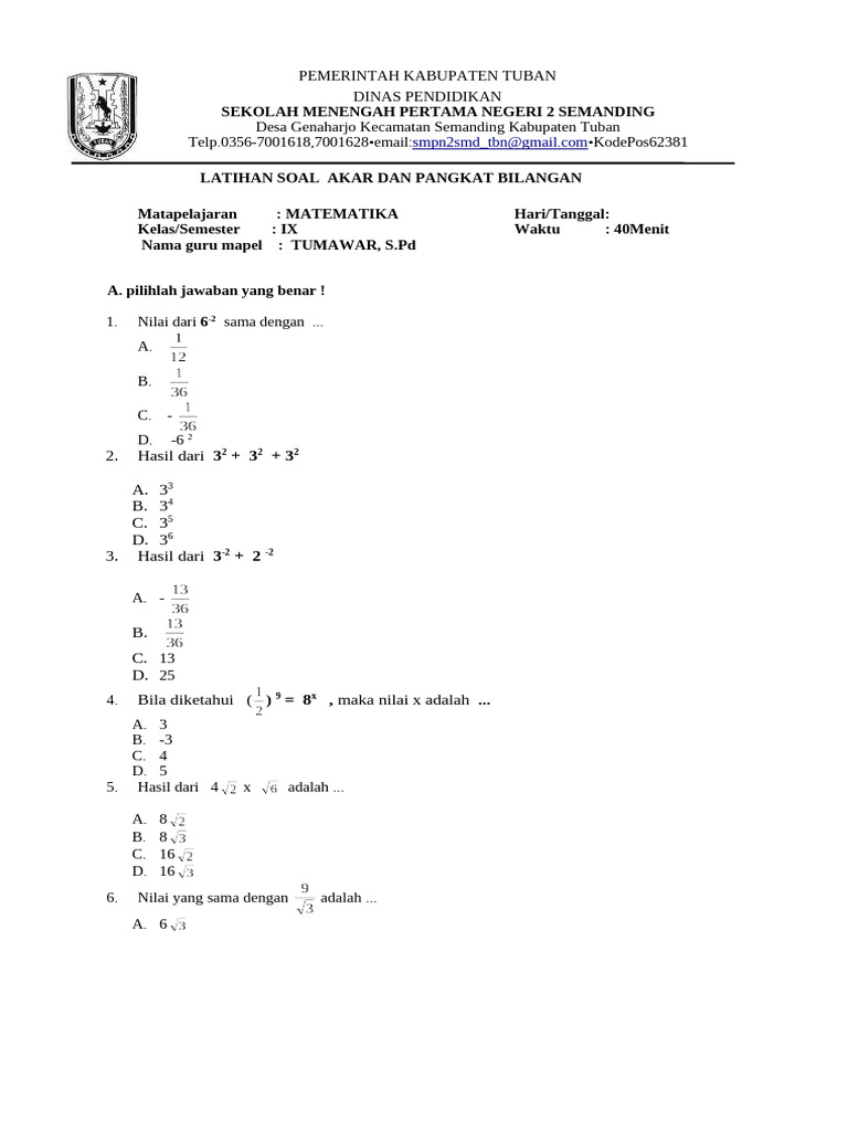 Latihan Soal Akar Dan Pangkat Bilangan | PDF