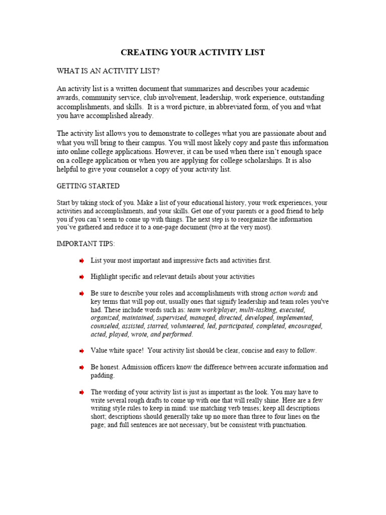 Creating Your Activity List | PDF | Career & Growth