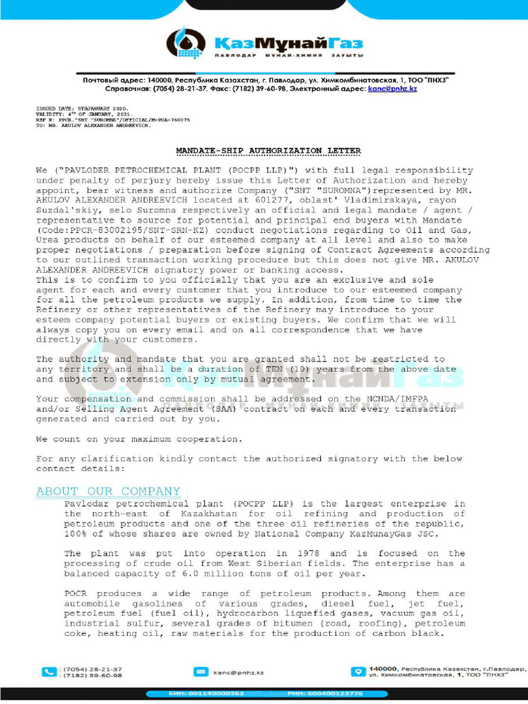 Pavlodar Petrochemical Plant (Pocpp LLP) Official Mandate - Power of ...