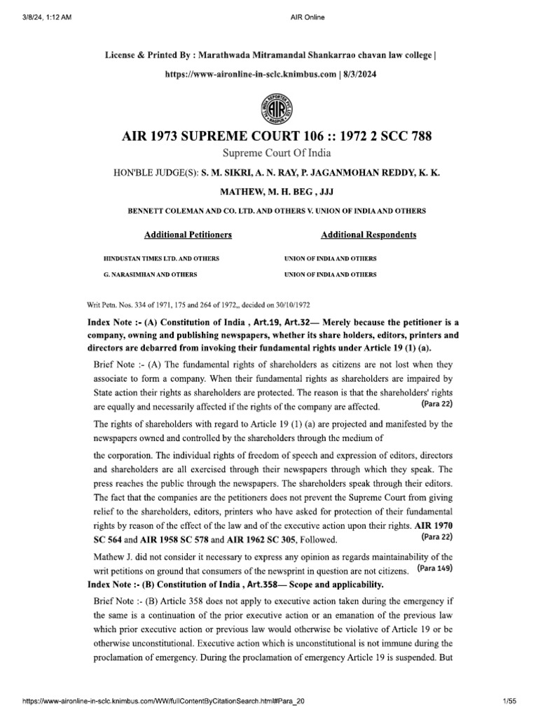Bennet Colemen & Co v. UOI, AIR 1973 SC 106 | PDF