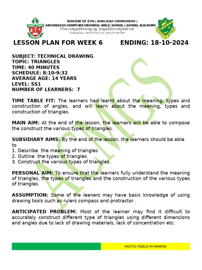 SS1 TECHNICAL DRAWING LESSON PLAN WEEK 6 | PDF | Triangle | Euclidean ...