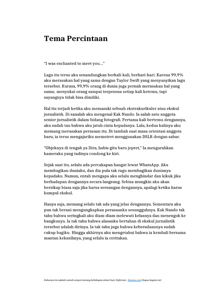 Cerpen Kehidupan Tema Percintaan | PDF