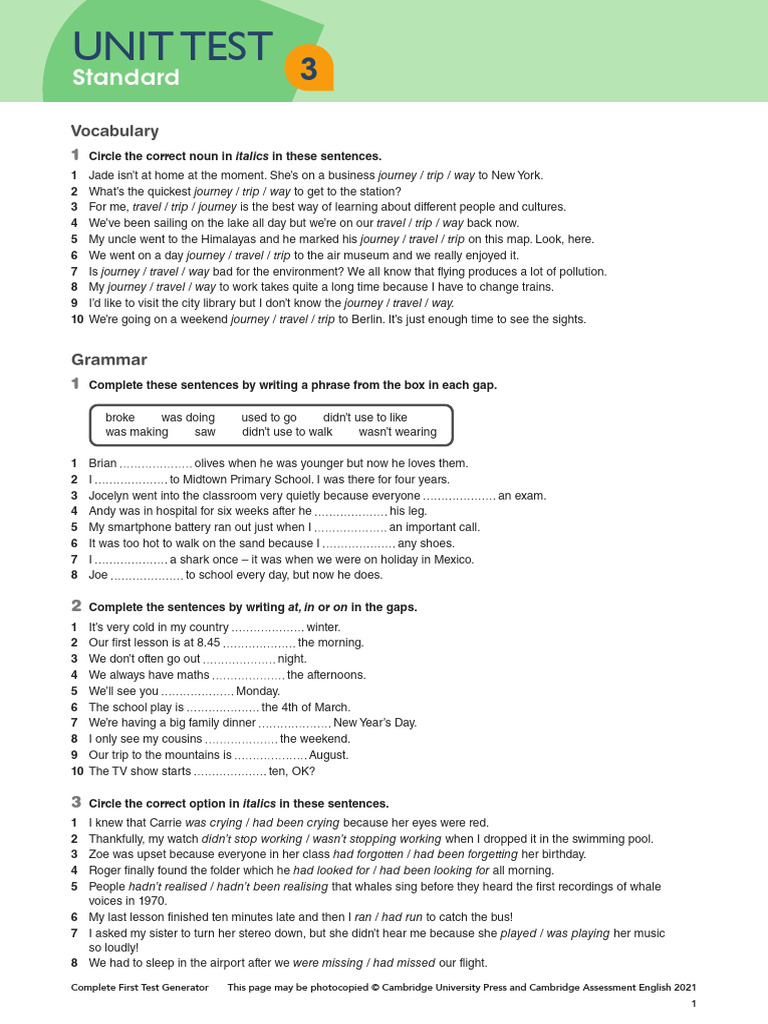 Complete First Unit Test 3 Standard | PDF