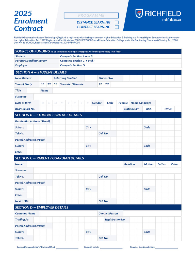 2025 Richfield - Enrolemt Contract 15oct | PDF | Payments | Fee