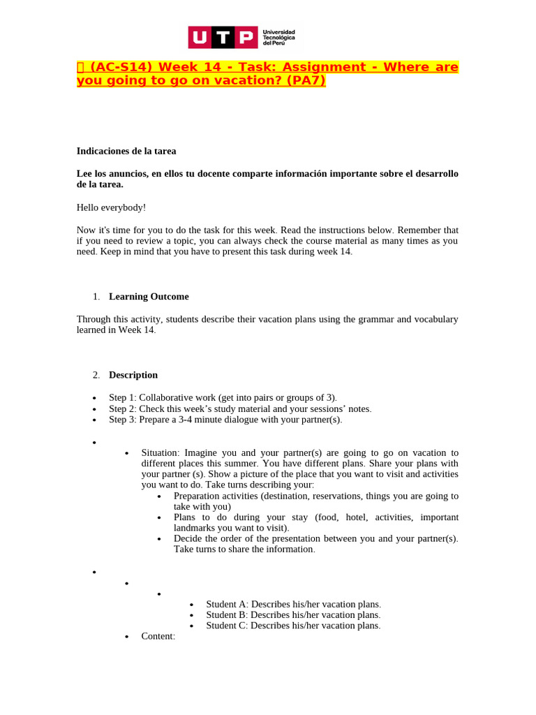 ? (AC-S14) Week 14 - Task Assignment - Where Are You Going To Go On Vacation (PA7) - INGLES 3 ...