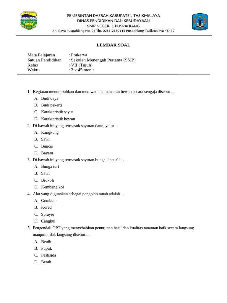 Lembar Soal Uas Prakarya Kls 7, 2024 | PDF | Seni