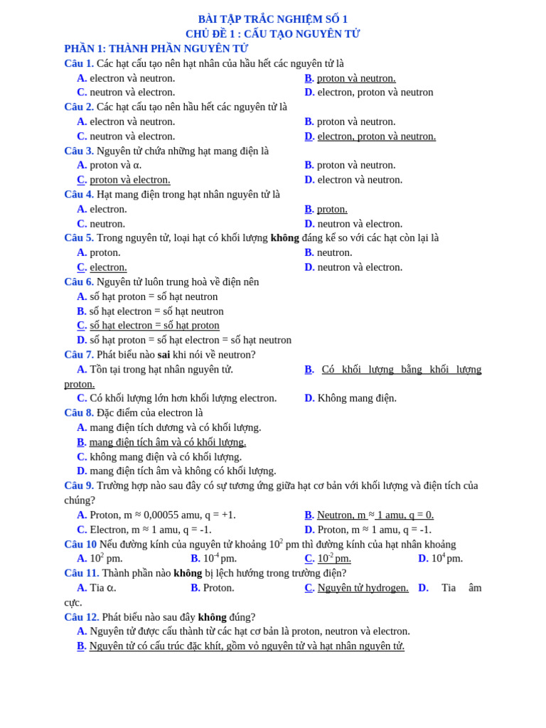 Cau Tao Nguyen Tu - G I HS ĐÁP ÁN | PDF