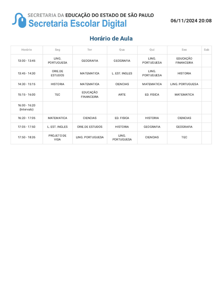 Horário de Aula | PDF