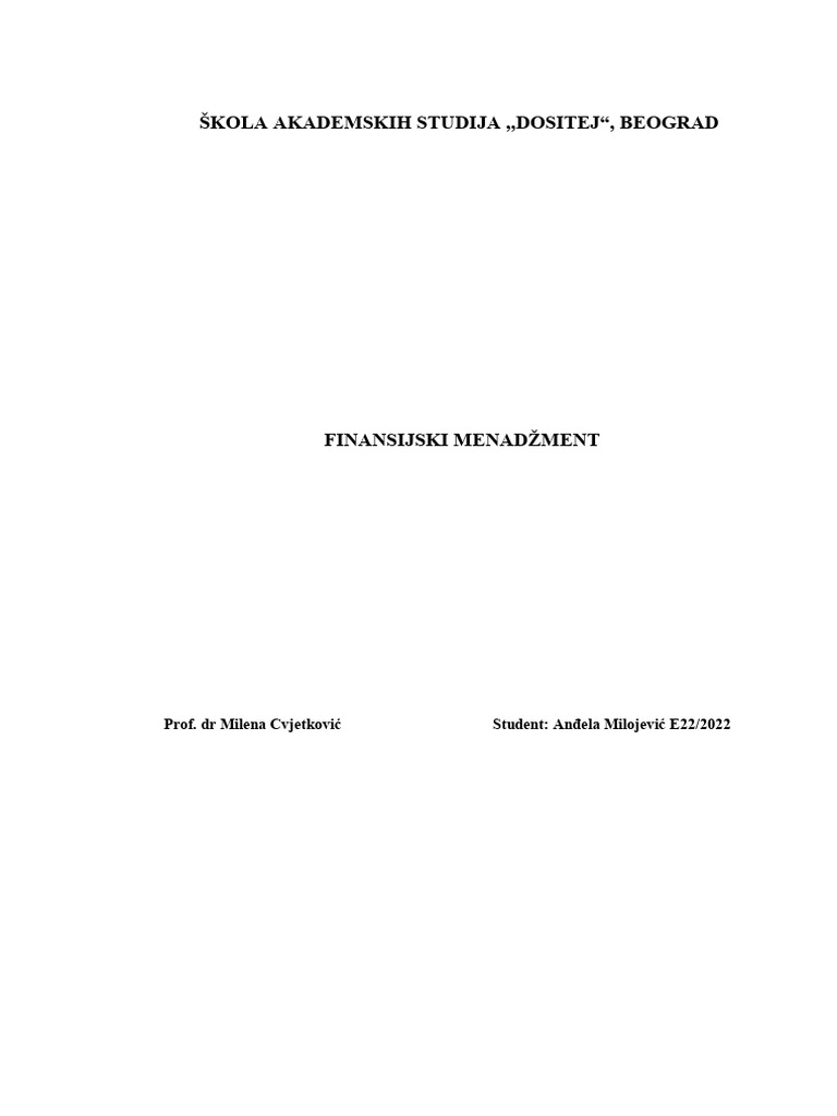 Finansijski Menadzment - Andjela Milojevic | PDF
