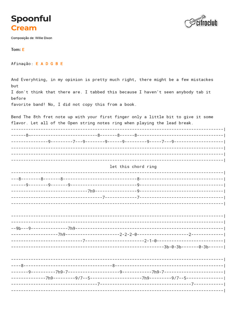 Spoonful Cream Guitar Tab Guide | PDF | Music Theory | European Musical ...