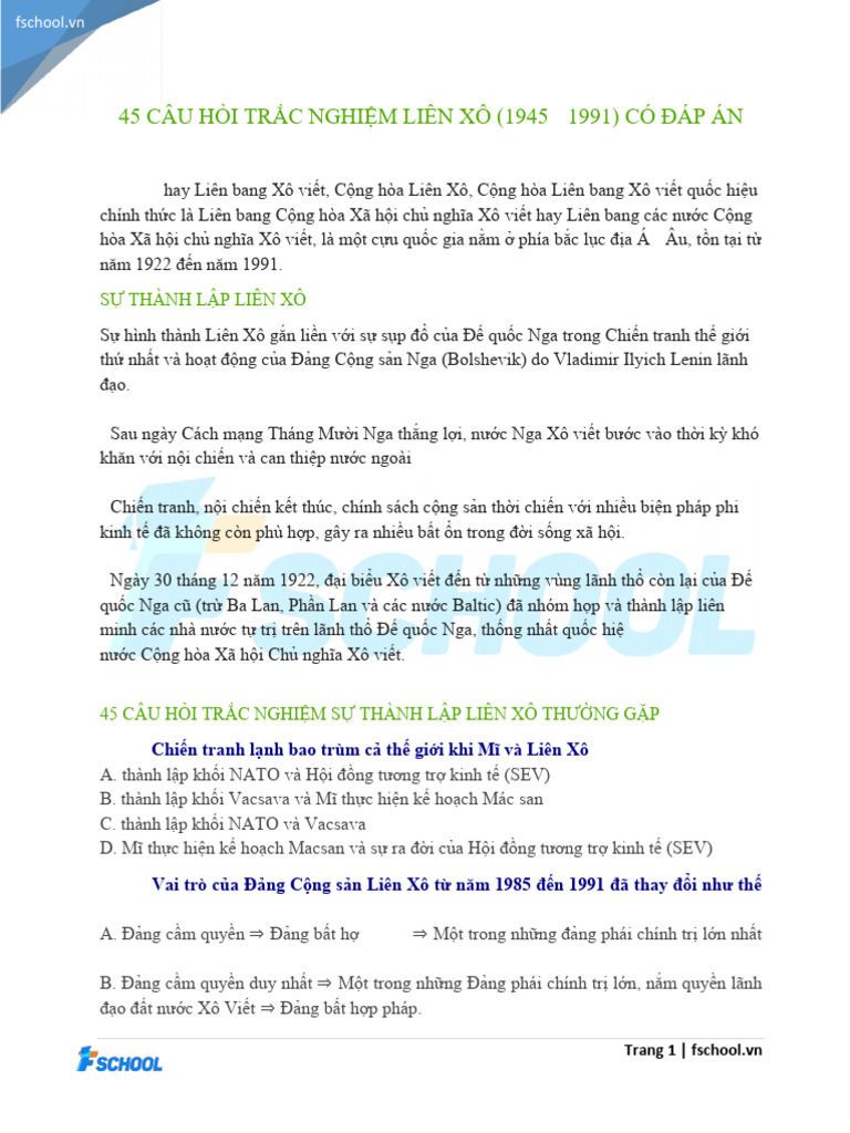 45 Cau Trac Nghiem Thuong Gap Ve Lien Xo Tu 1945 Den 1991 19876366cc | PDF