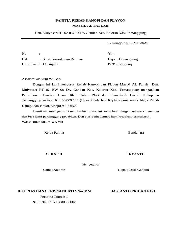 Proposal Panitia Rehab Kanopi Dan Plavon Dusun Mulyosari | PDF