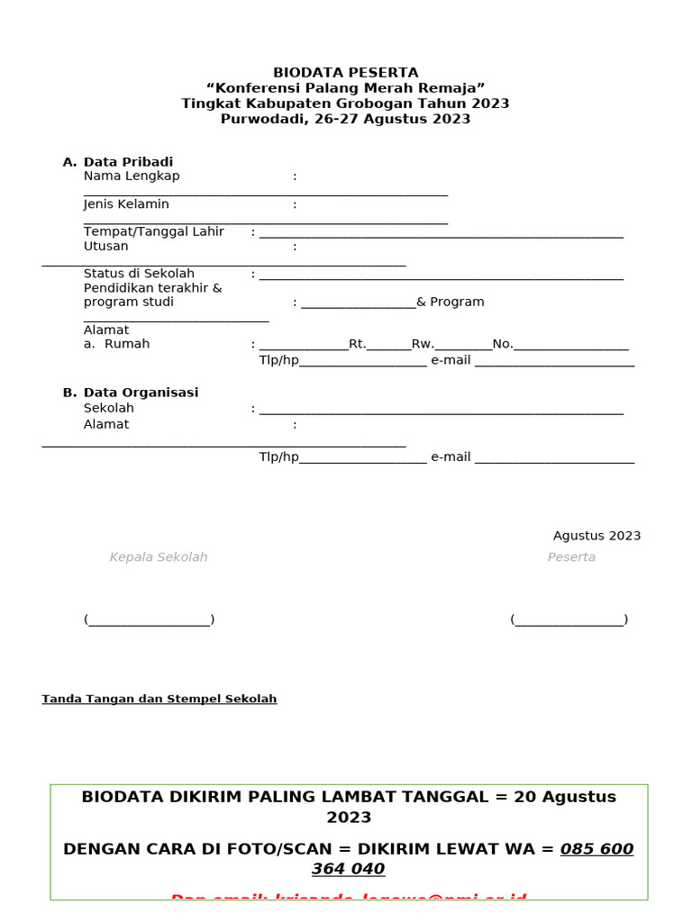 Formulir Biodata Peserta Konferensi PMR Tahun 2023 | PDF | Karier & Perkembangan