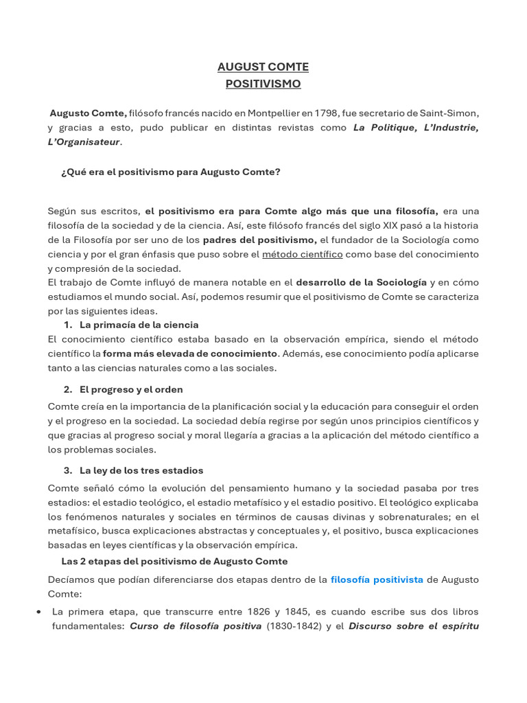 Positivismo de Augusto Comte: Claves y Etapas | PDF | Positivismo | Science