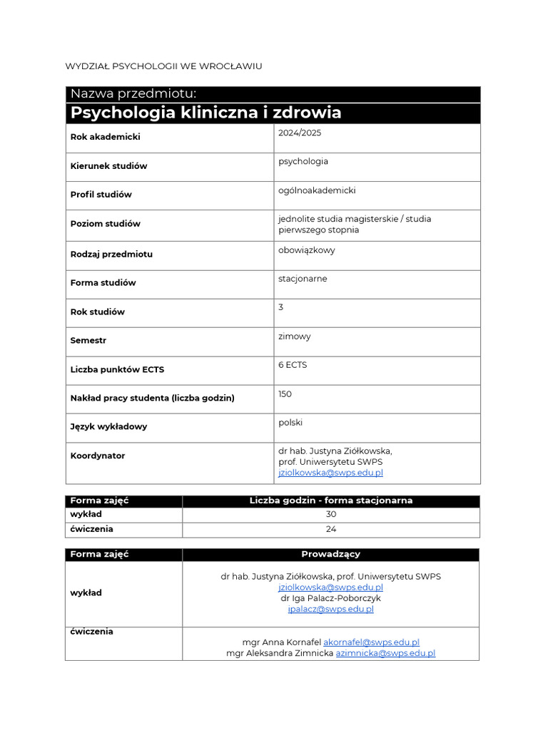 Psychologia+kliniczna+i+zdrowia+2024 25+ST+ | PDF