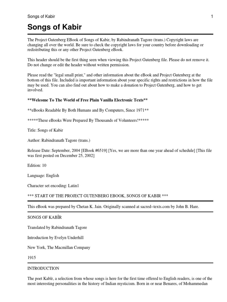 Songs of Kabir | PDF | Project Gutenberg | Absolute (Philosophy)