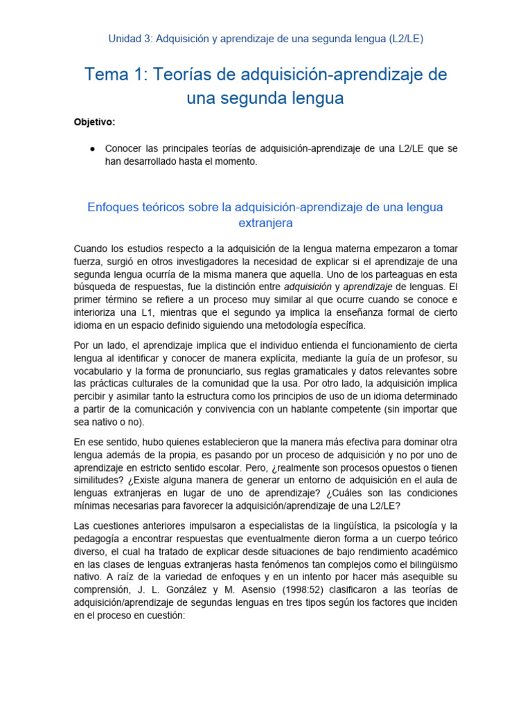 U3 - Tema 1 Teorías de Adquisición-Aprendizaje de Una Segunda Lengua | PDF | Segundo lenguaje ...