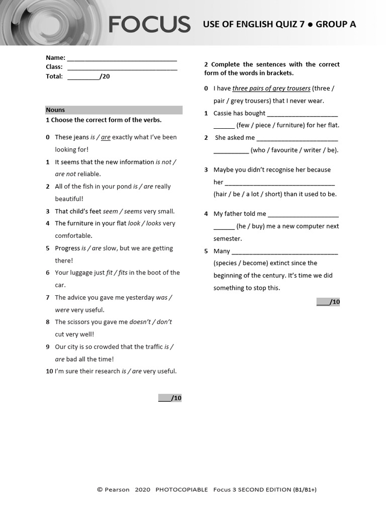 Focus3 2E UoE Quiz Unit7 GroupA | PDF | Language Mechanics | Languages