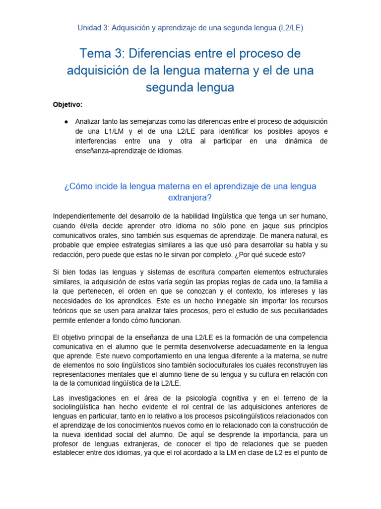 U3 - Tema 3 Diferencias Entre El Proceso de Adquisición de La Lengua Materna y El de Una Segunda ...