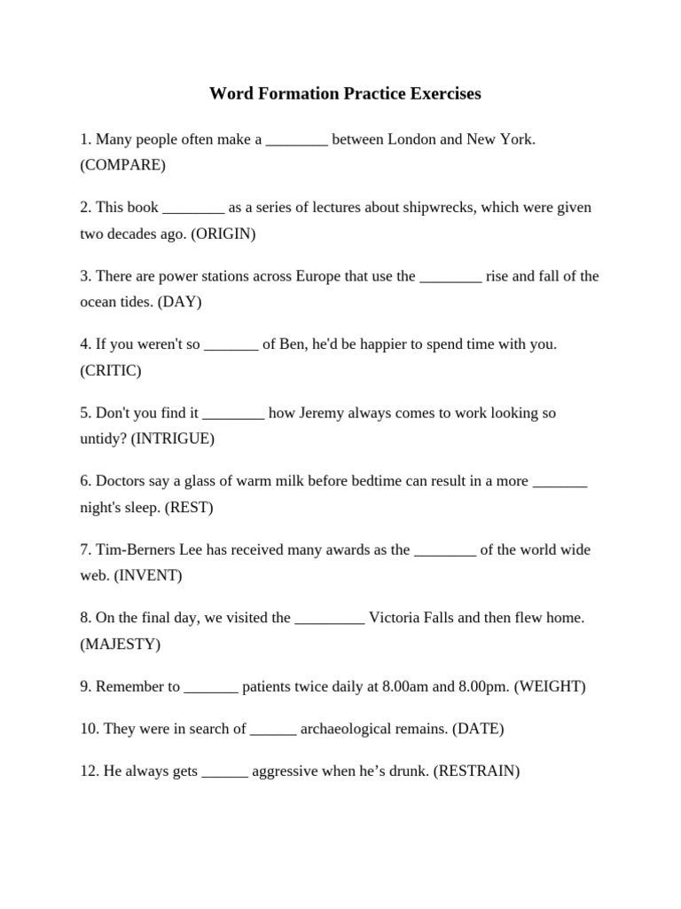 Word Formation Practice Exercises | PDF | Young Adult