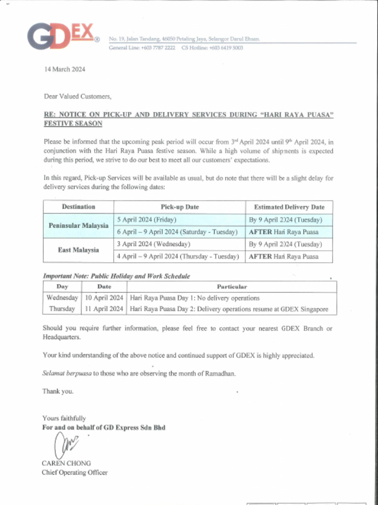 Notice Pickup and Delivery Services Hari Raya Puasa 2024 | PDF