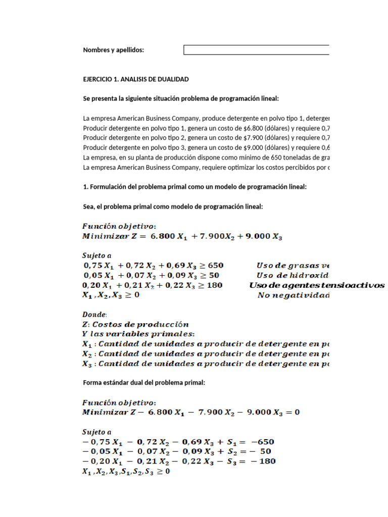 Plantilla Solucion Ejercicio 1 - Analisis de Dualidad - Tarea 2 | PDF | Programación lineal ...
