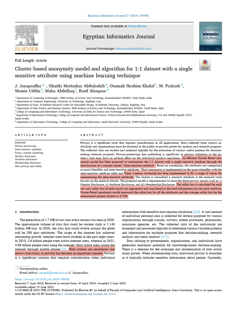 2024 - Cluster-Based Anonymity Model and Algorithm For 11 Dataset With A Single Sensitive ...