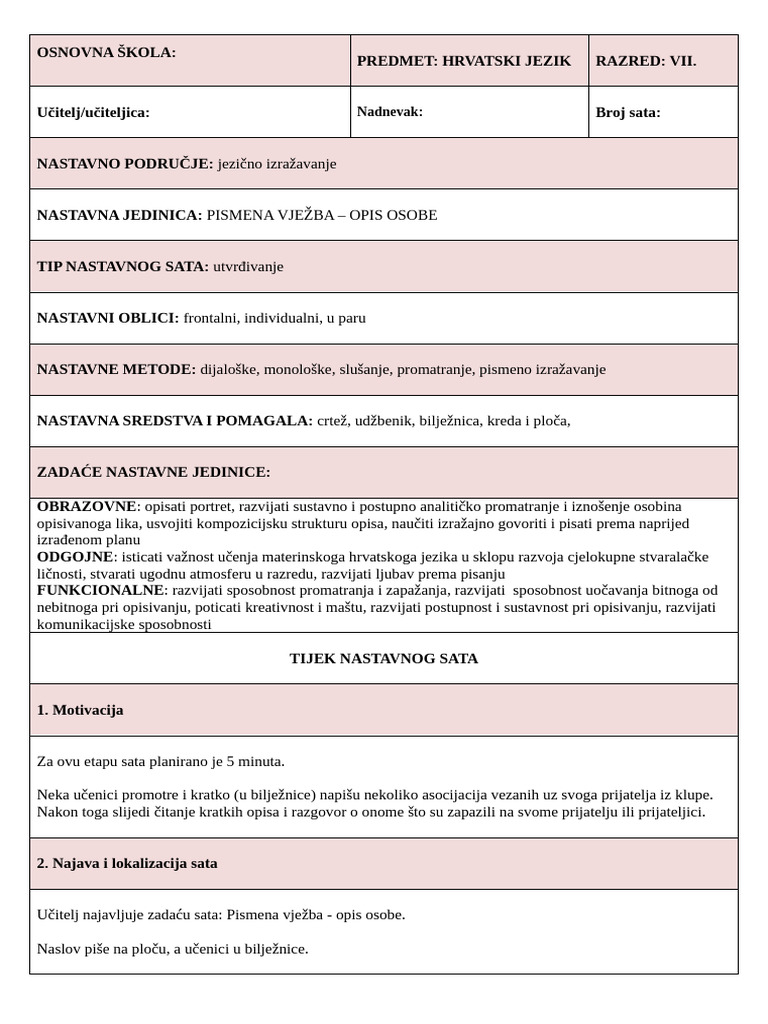 Pismena Vježba - Opis Osobe | PDF