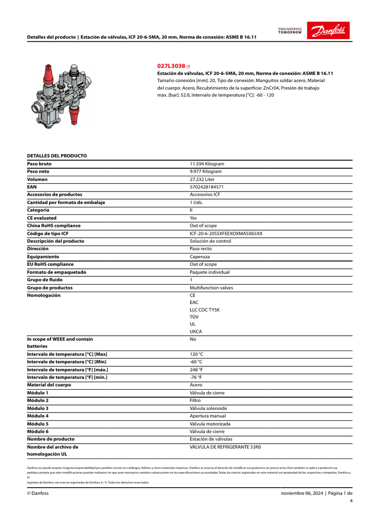 Danfoss-Valve-station-ICF-20-6-5MA-20-mm-Connection-standard-ASME-B-1611-027L3038 (1) - 1 | PDF