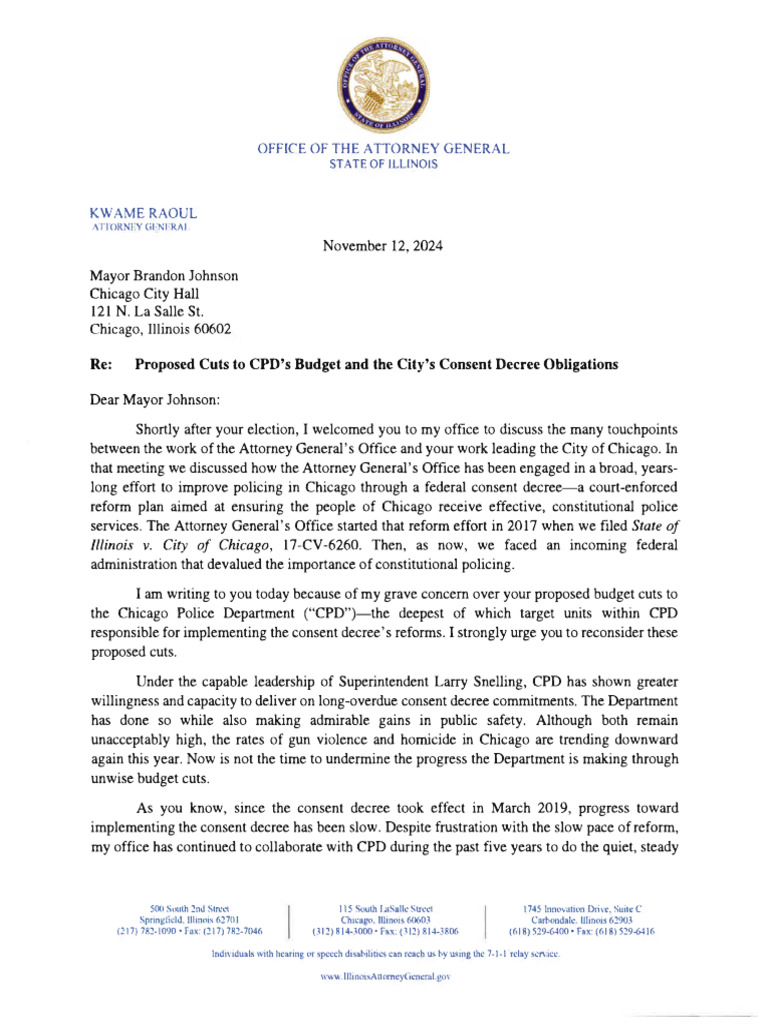Attorney General Kwame Raoul Letter To Mayor Brandon Johnson | PDF